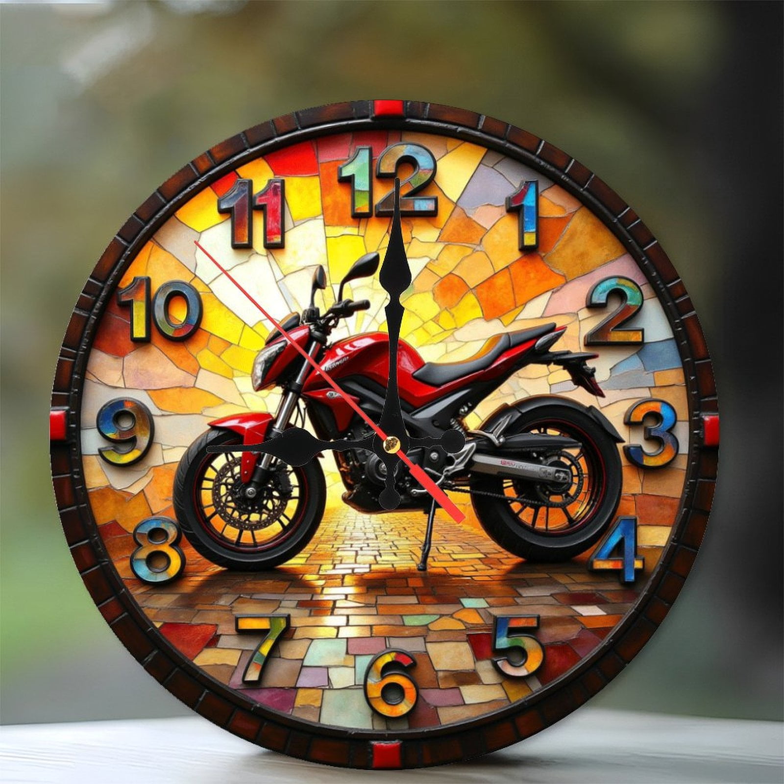Motorcycle Wall Clock Unique Decorative Design 10-Inch Silent Wooden ...