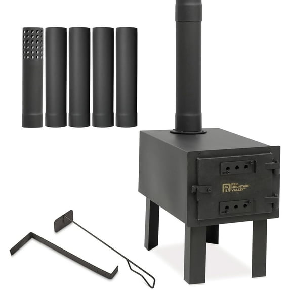 Red Mountain Valley Portable Wood Stove w/5-Section Chimney & 2 Rakes ...