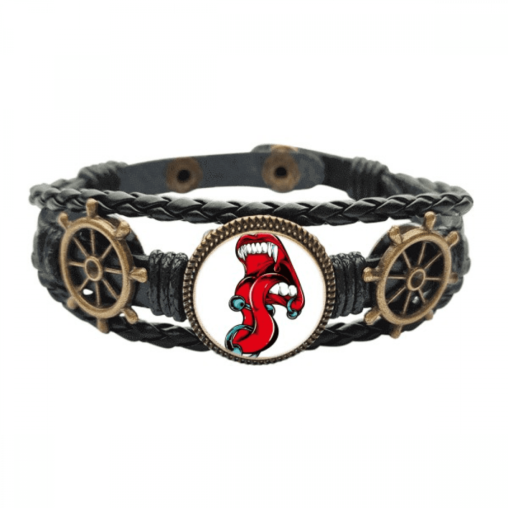 Red Mouth Tongue Stud Canine Teeth Leather Braided Ocean Bracelet ...