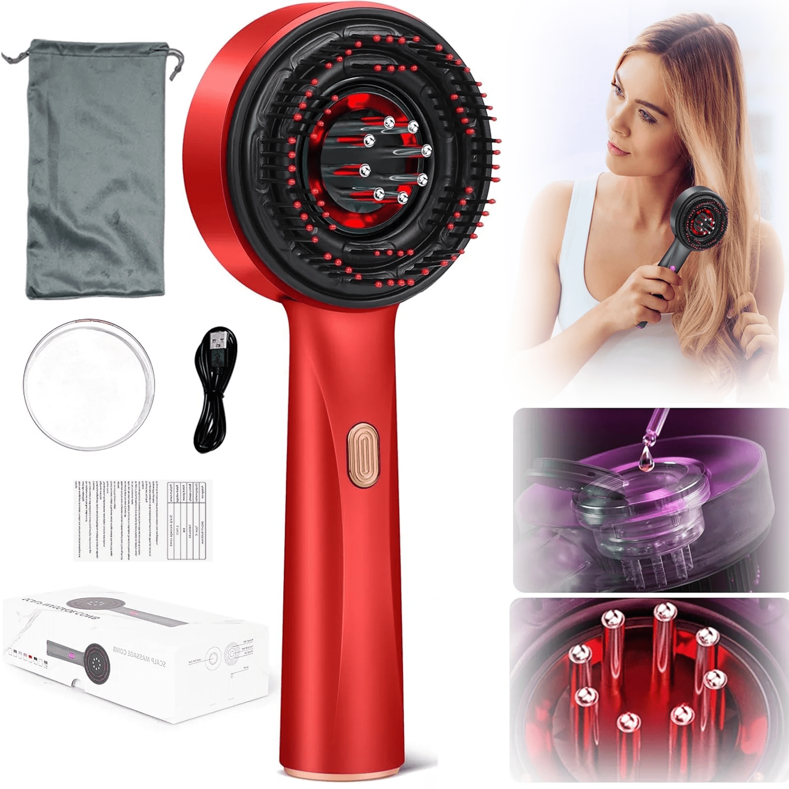 Red Multi-Function Electric Scalp Massage Comb for Hair,3 in 1Electric ...