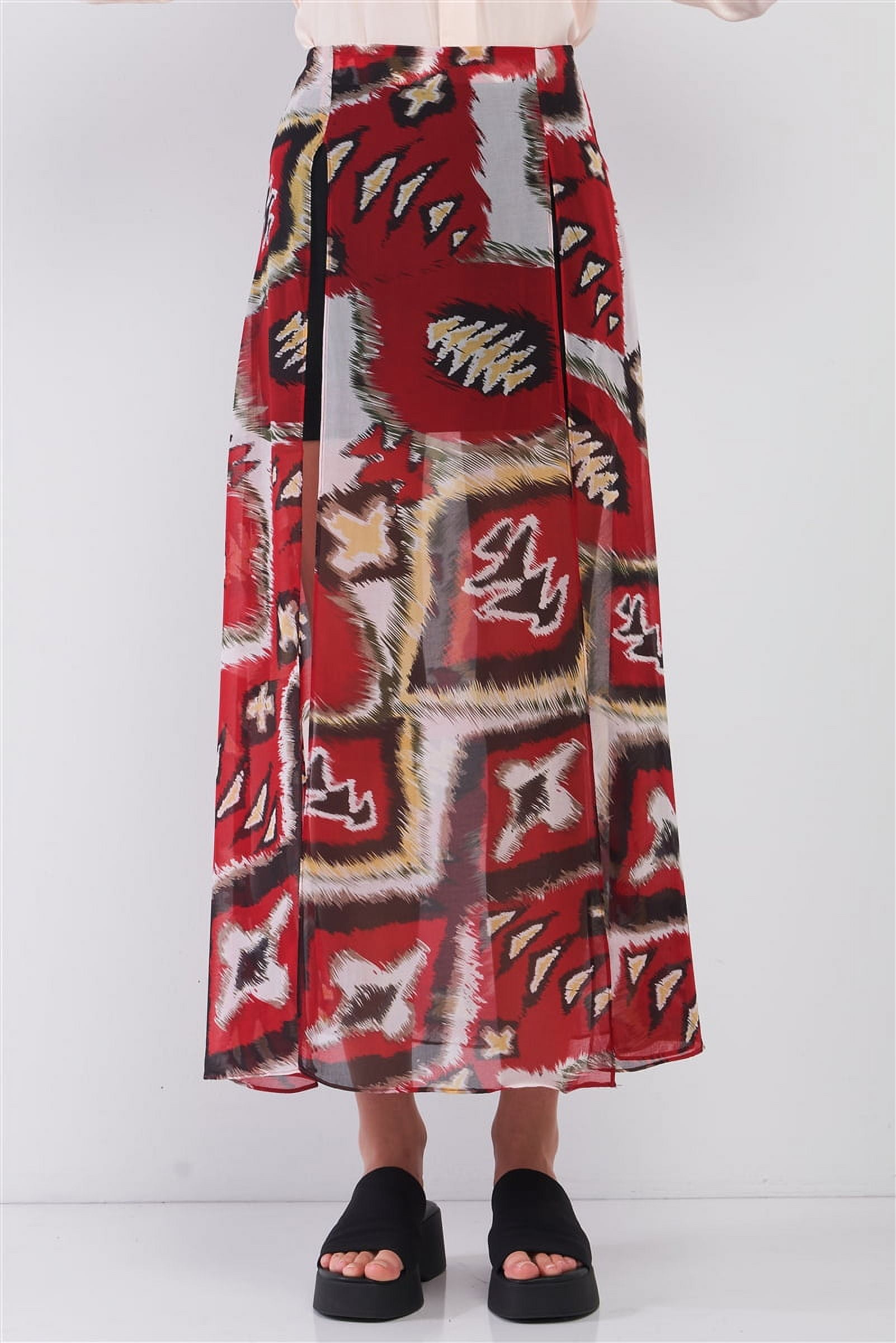 Red And Multi Vintage Graphic Print High Waisted Two Front Slits Maxi Skirt