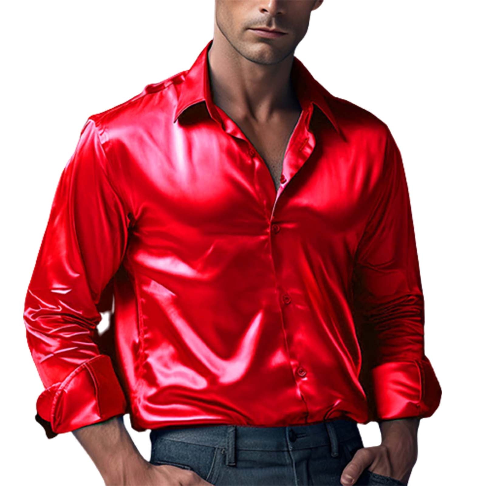 Red Muscle Shirts for Men, Long Sleeve Dress Shirts, Work Polyester ...