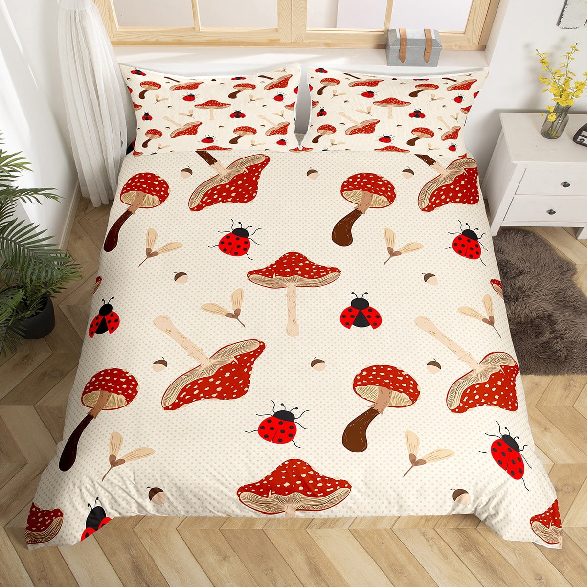 Red Mushroom Comforter Cover Cute Ladybug Duvet Cover Full, Wild Fungus ...
