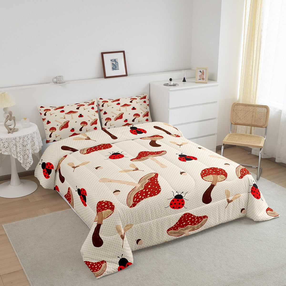 Red Mushroom Comforter Set Cute Ladybug Bedding Queen, Wild Fungus ...