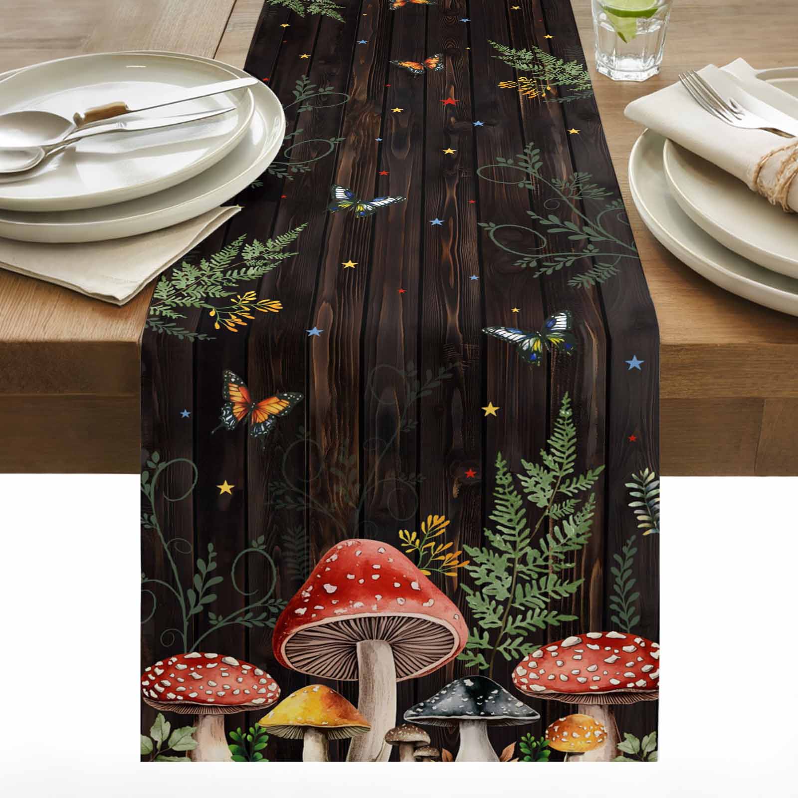 Red Mushroom Cotton Linen Table Runner Plant Stars Butterfly Pastoral ...