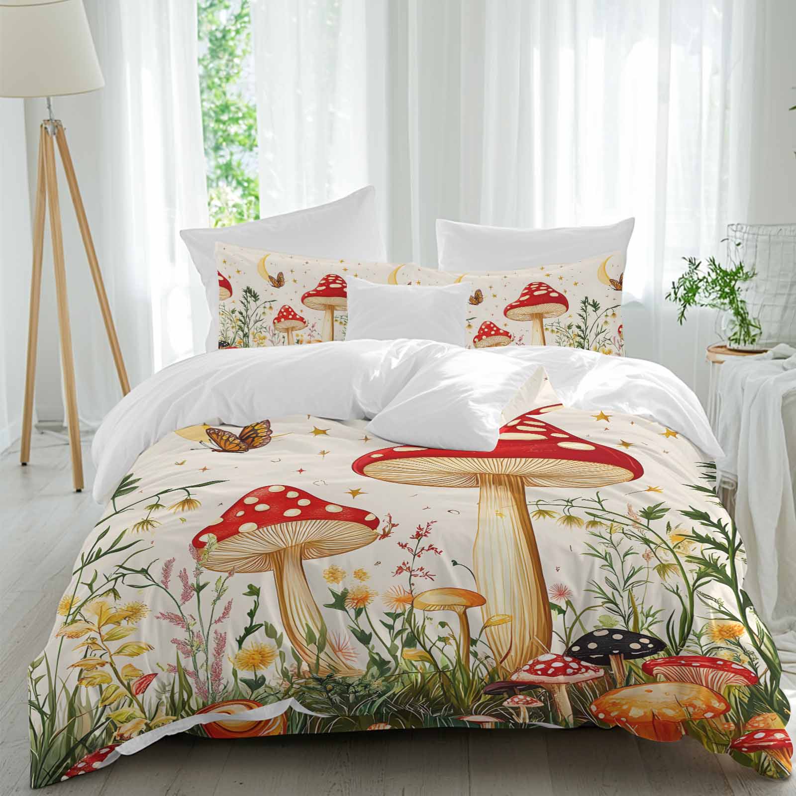 Red Mushroom Duvet Cover Set Full Size Fern Plants Butterfly Beige ...