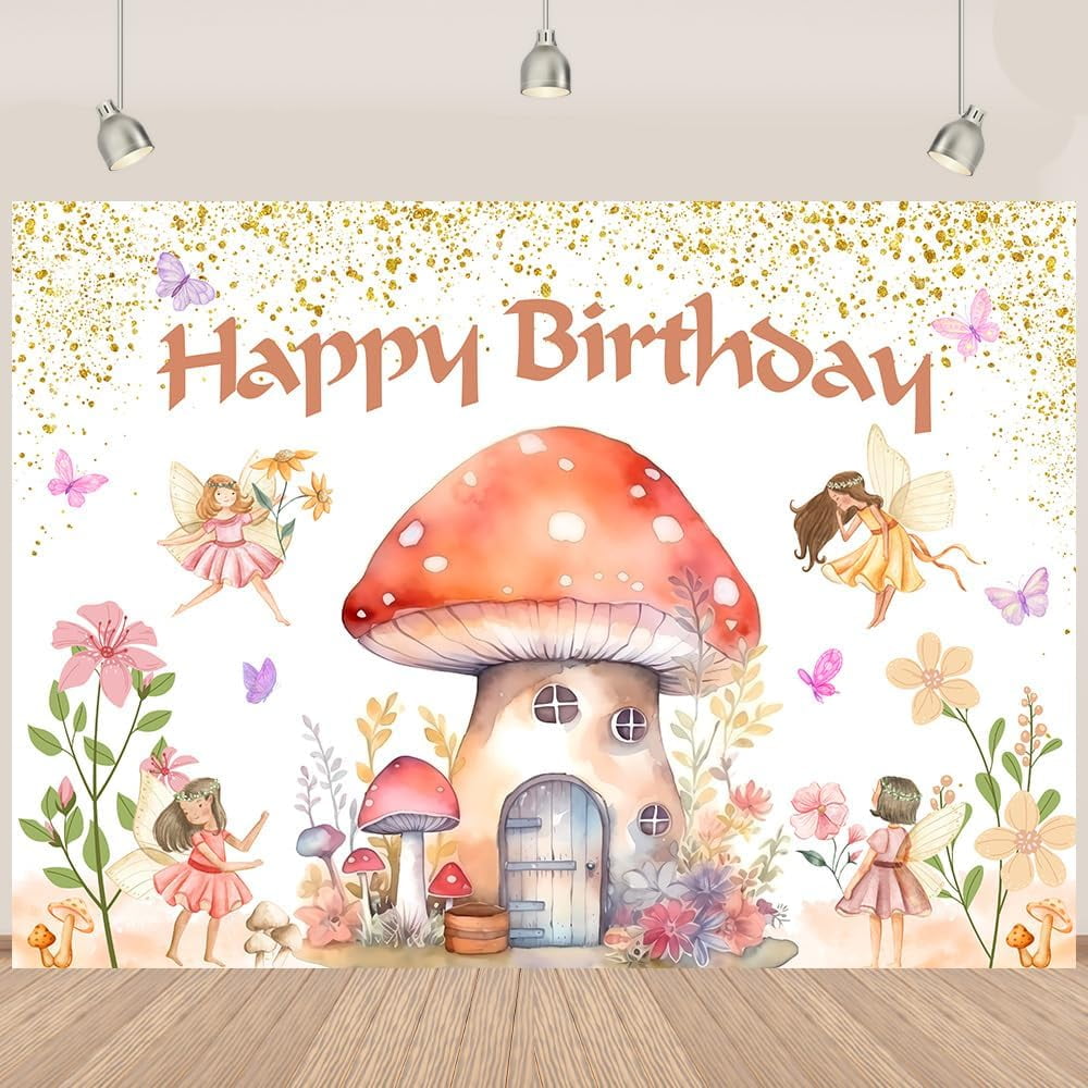 Red Mushroom House Happy Birthday Backdrop Cute Elf Birthday Backdrop ...