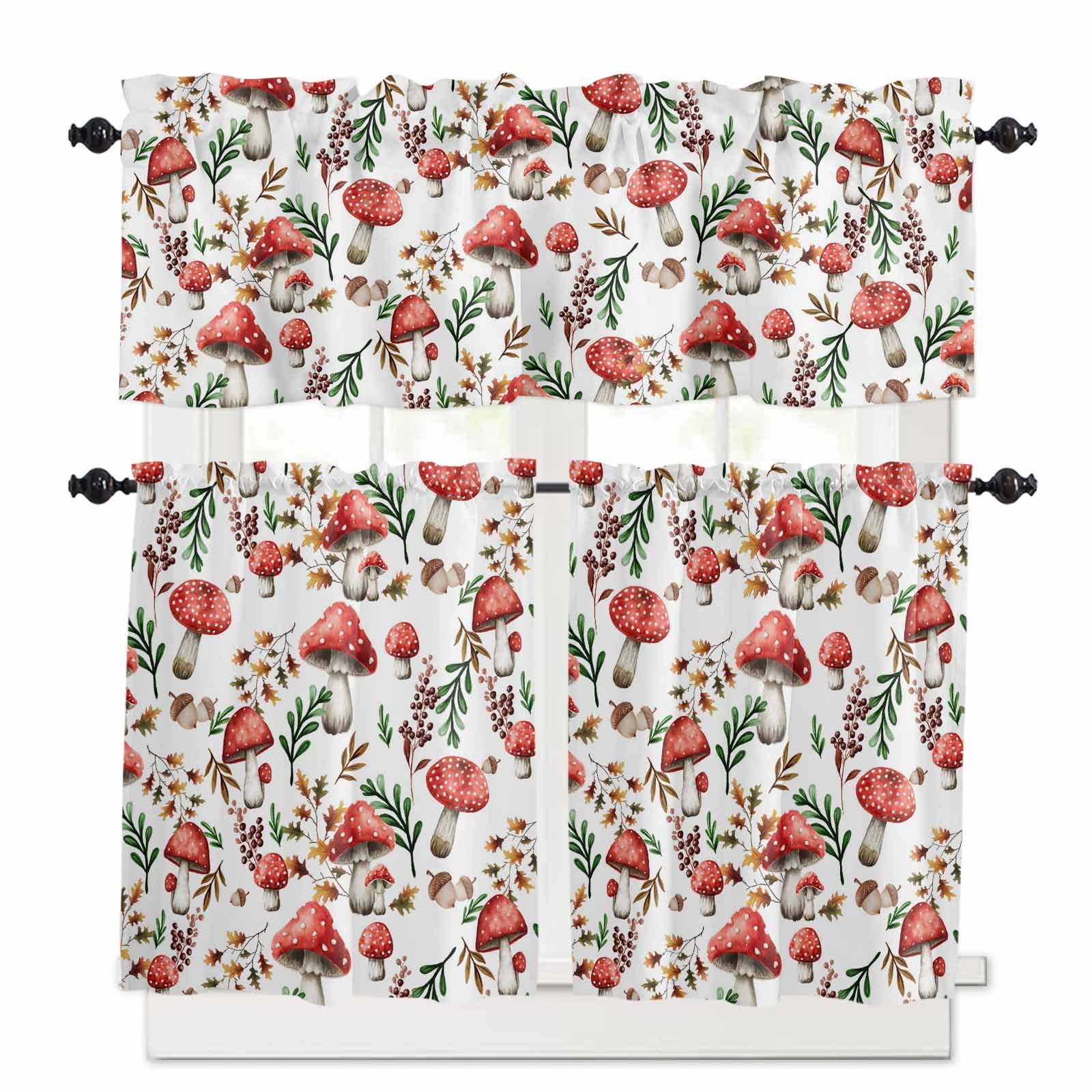 Red Mushroom Kitchen Curtains Valance and Tier Set Vegetables Plants ...