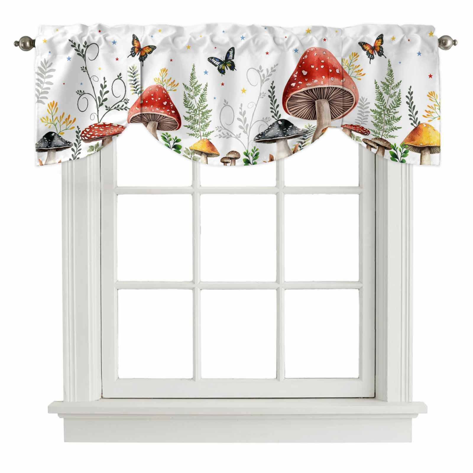 Red Mushroom Plant Tie Up Valance for Windows, Butterfly Green Leaf ...