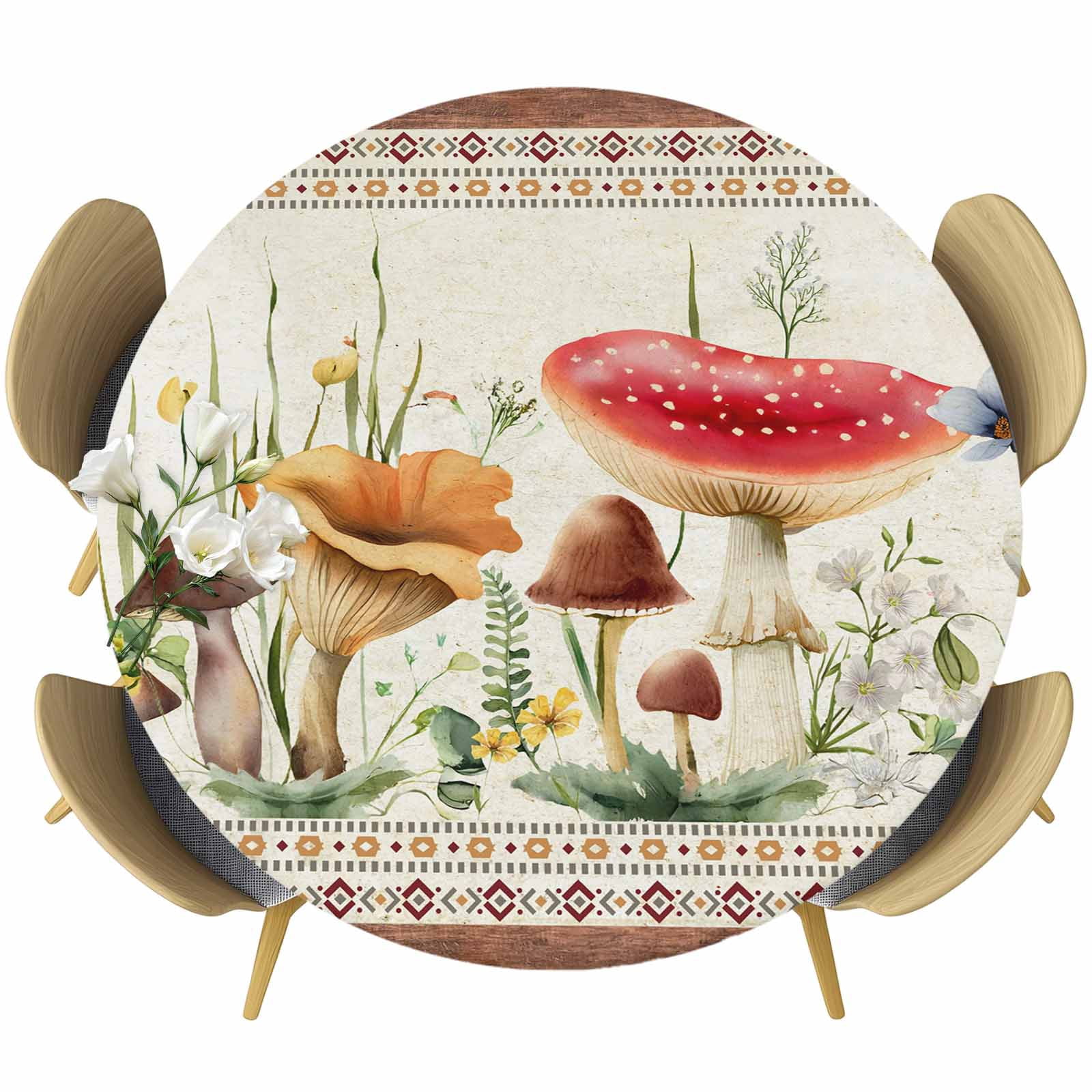 Red Mushroom Round Tablecloth, Fitted Table Cover with Elastic for 55 ...
