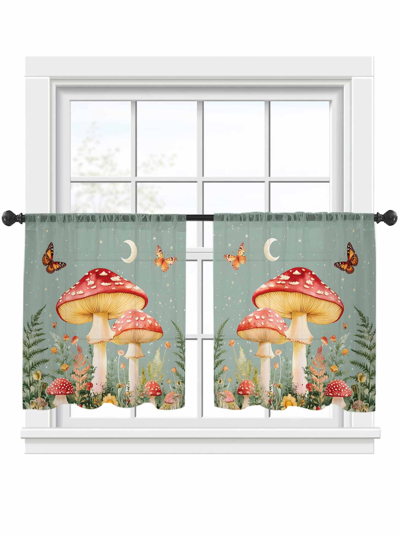 Red Mushroom Sheer Curtains 2 Panels Set Retro Flowers Butterfly Leaf ...