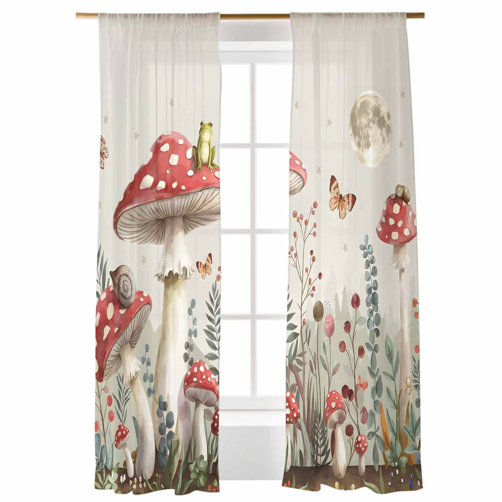 Red Mushroom Sheer Curtains 84 inches Long, Mushroom Moon Butterfly ...