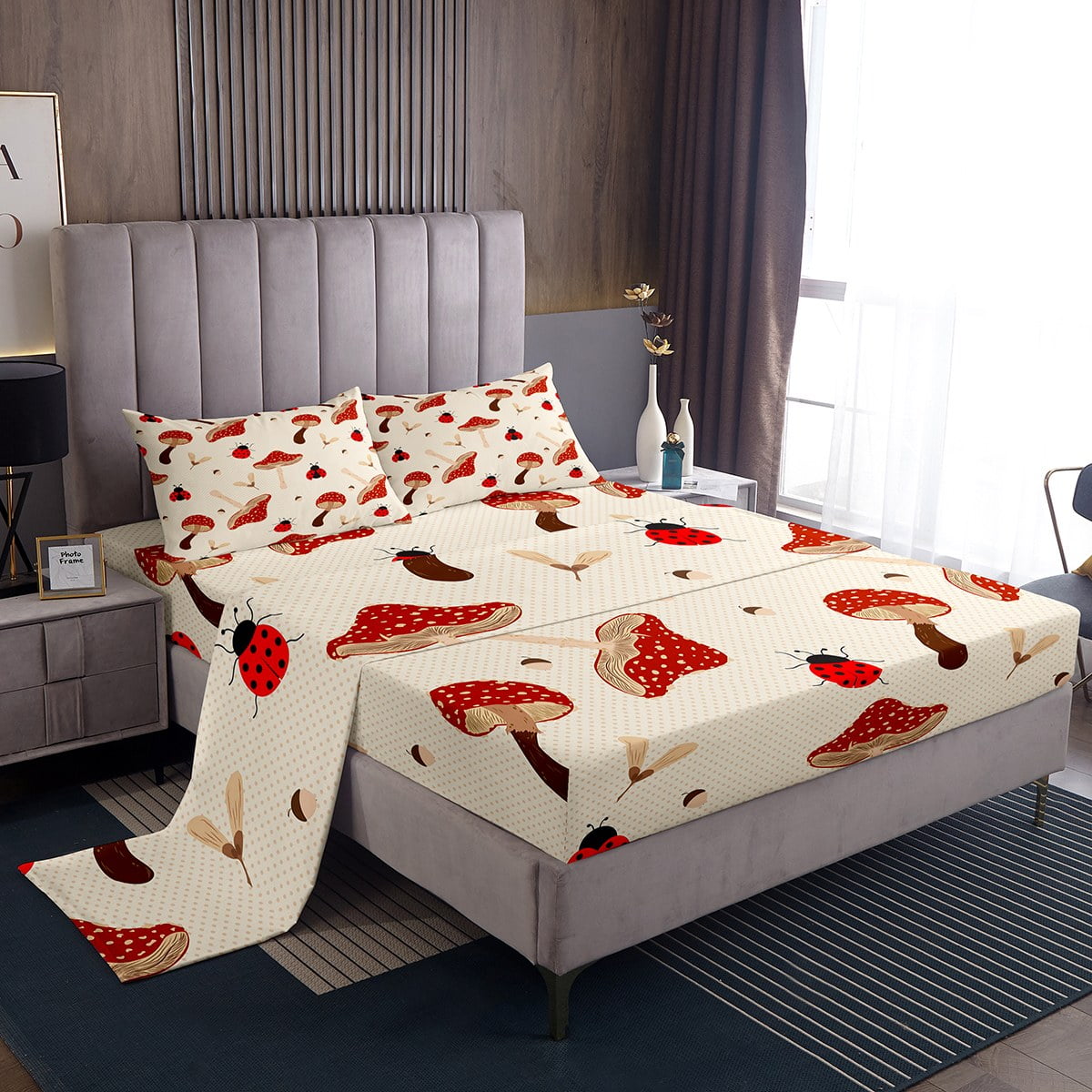 Red Mushroom Sheet Set Cute Ladybug Sheets King, Wild Fungus Bed Sheets ...
