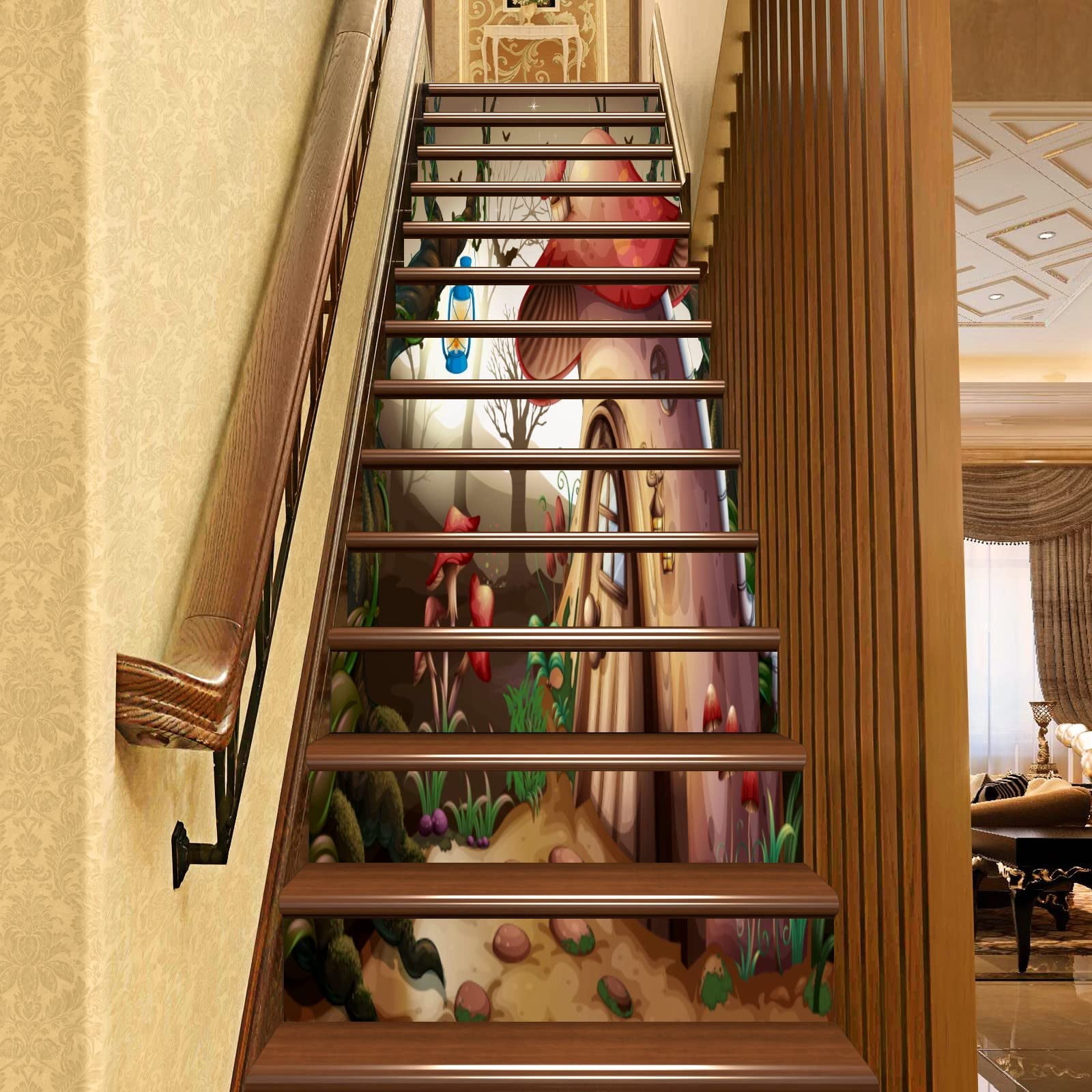 Red Mushroom Stair Stickers Green Wild Plant Staircase Murals Fantasy ...
