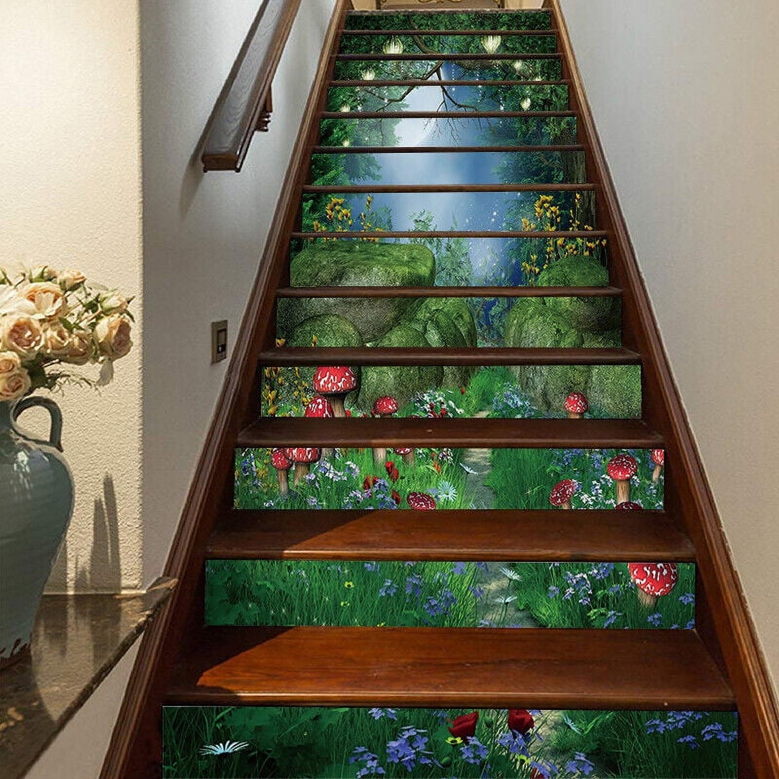 Red Mushroom Stair Stickers Green Wild Plant Staircase Murals Fantasy ...