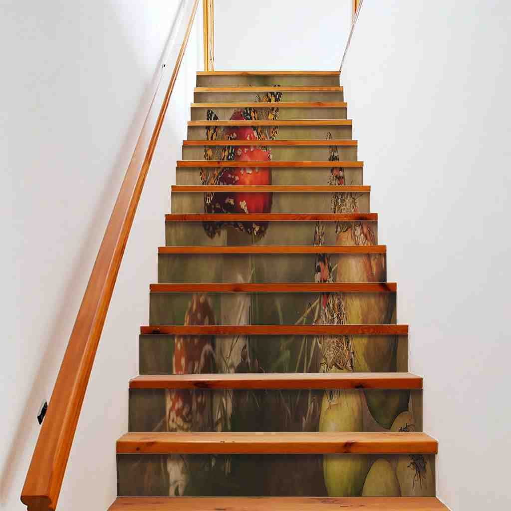 Red Mushroom Stair Stickers Green Wild Plant Staircase Murals Fantasy ...