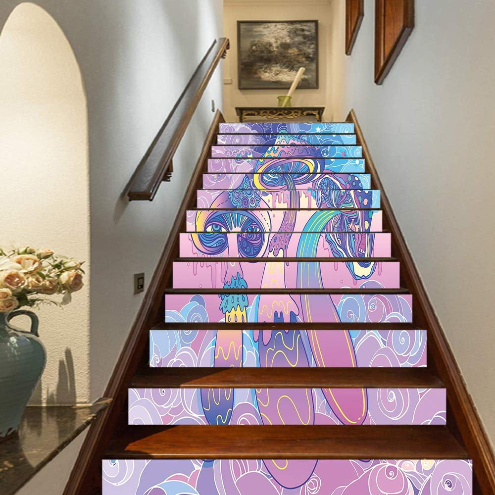 Red Mushroom Stair Stickers Green Wild Plant Staircase Murals Fantasy ...