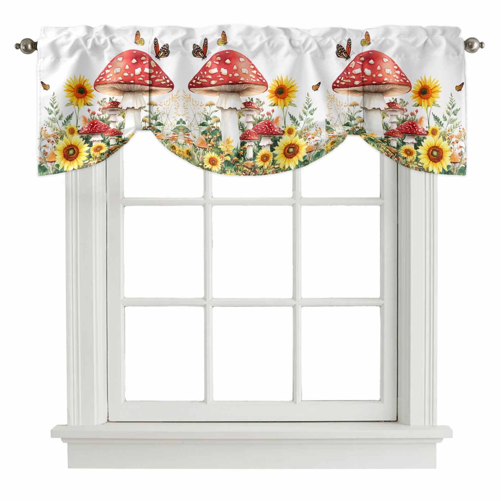 Red Mushroom Sunflower Tie Up Valance for Windows, Farm Mushroom Yellow ...