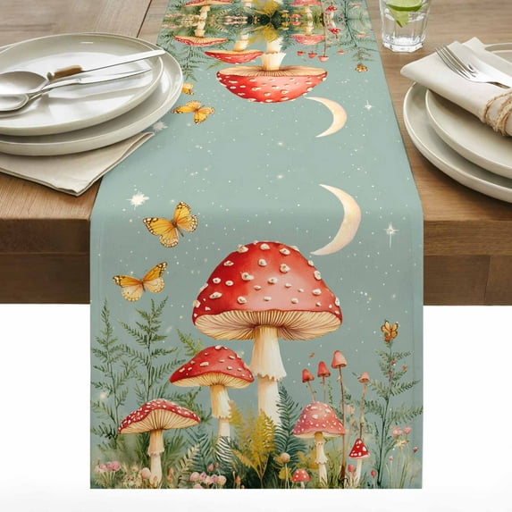 Red Mushroom Table Runner 13x120 inch Retro Watercolor Flowers ...