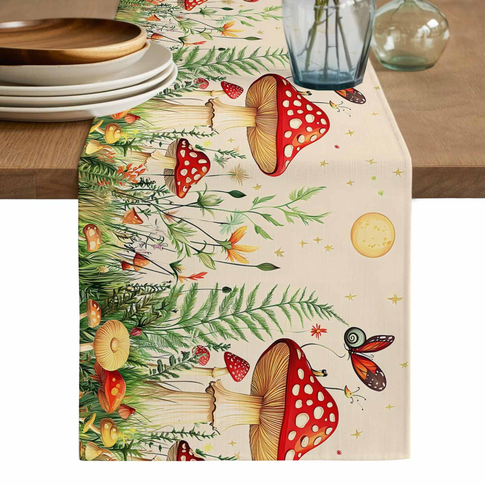 Red Mushroom Table Runner, Watercolor Spring Summer Floral Washable ...