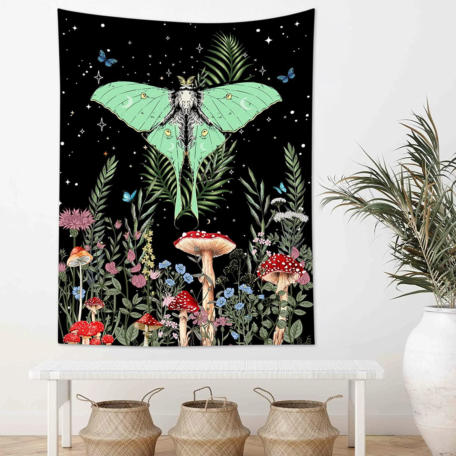 Red Mushroom Tapestry Teal Moth Green Plant Tapestry Wall Hanging ...