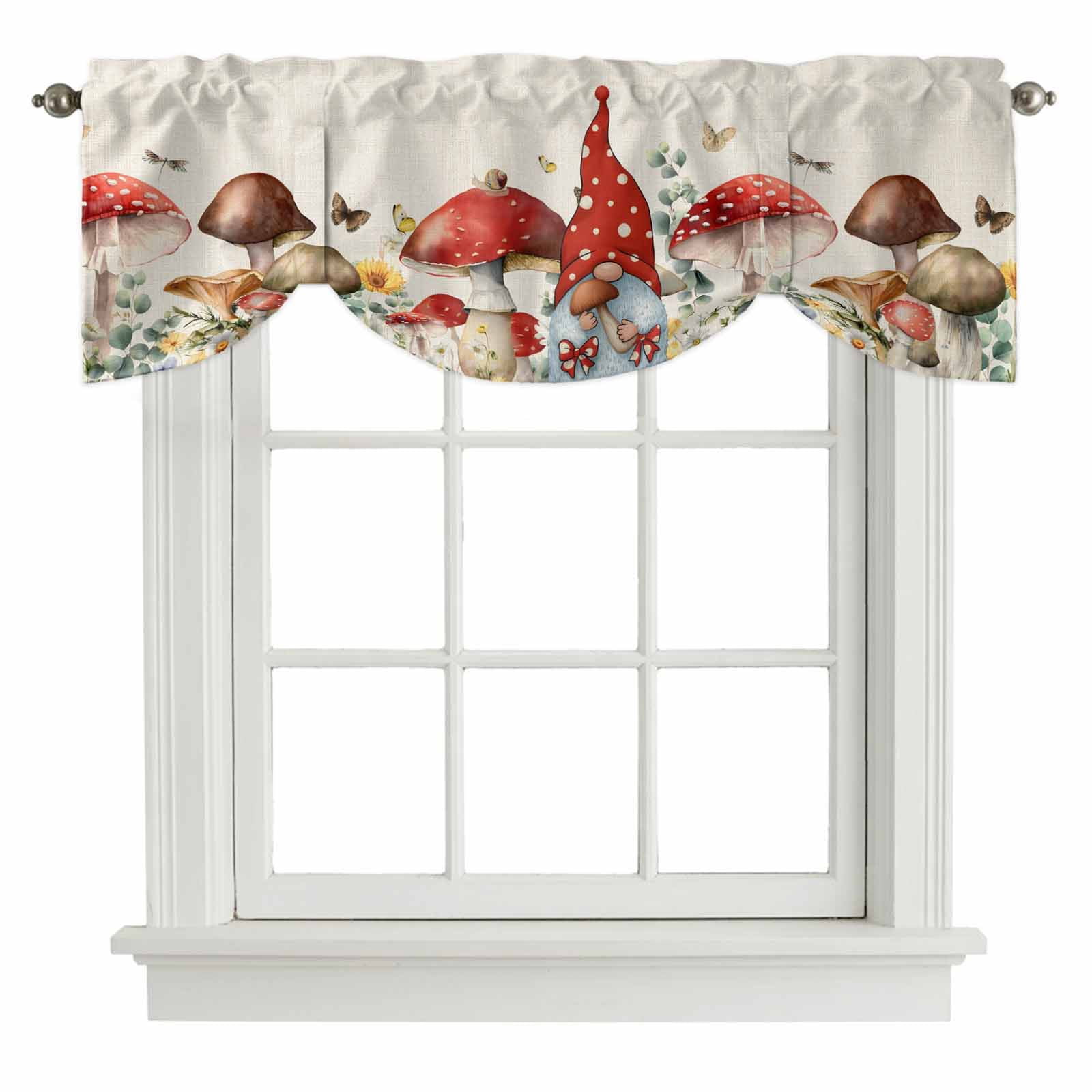 Red Mushrooms Dwarfs Tie Up Valance for Windows, Spring Plants ...