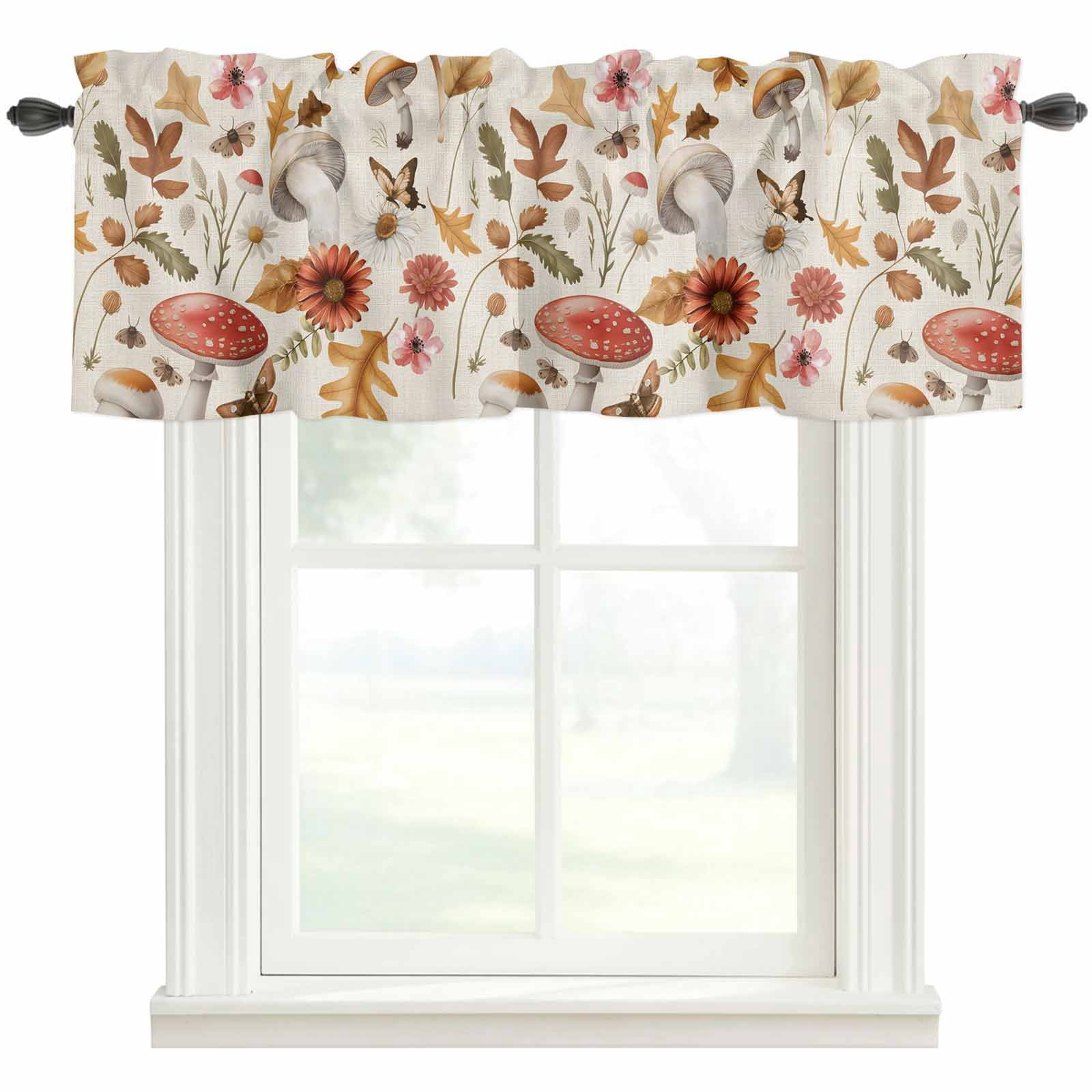 Red Mushrooms Rod Pocket Curtain Valance, Elegant Pastoral Botanical ...