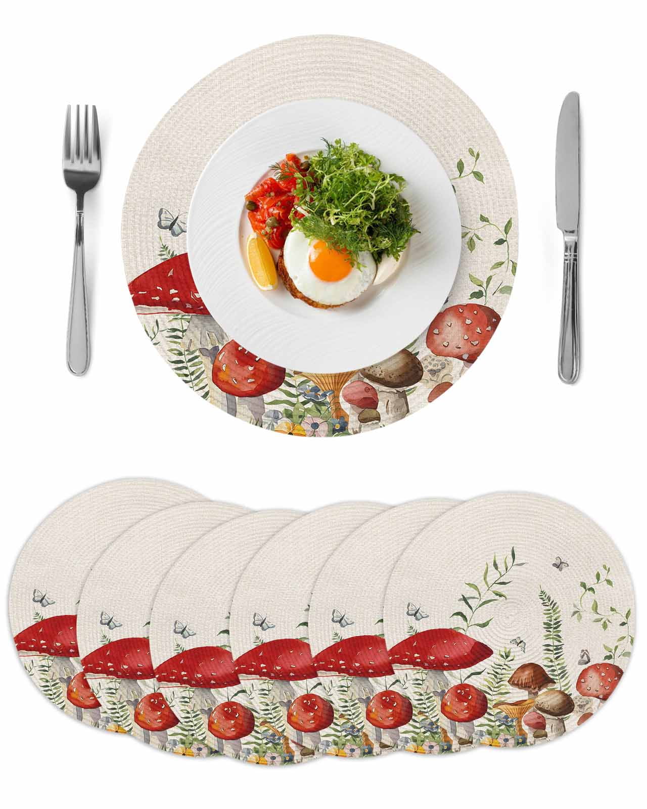 Red Mushrooms Round 13 Inch Placemats Set of 6, Sage Green Eucalyptus ...