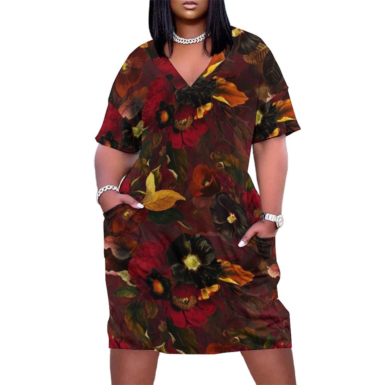 Red Mystical Botanical Night Garden Loose Pocket Dress summer dress ...