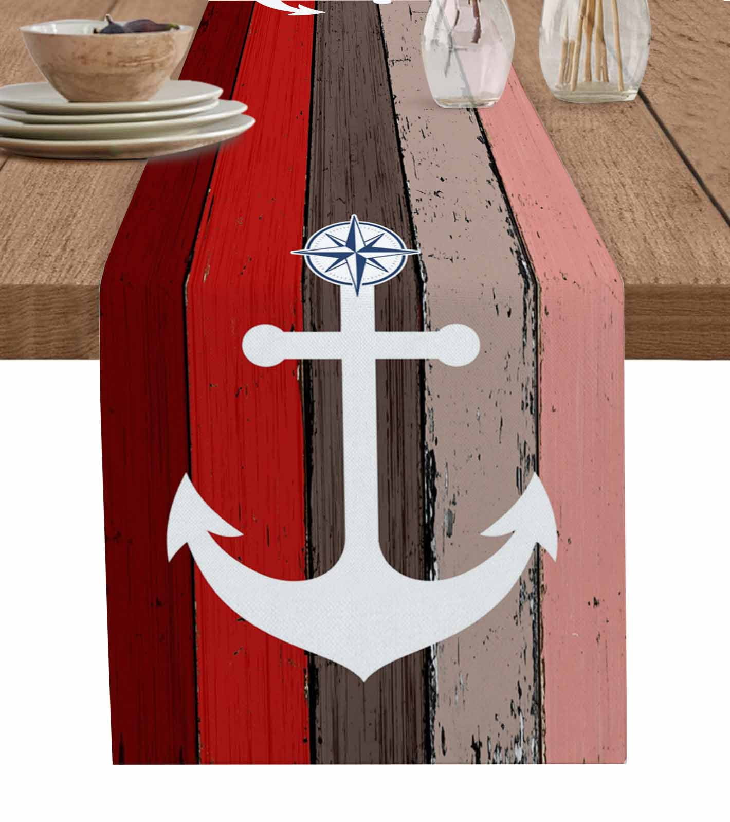 Red Nautical Anchor Short Table Runners 48 Inches, Cotton Linen Fabric ...