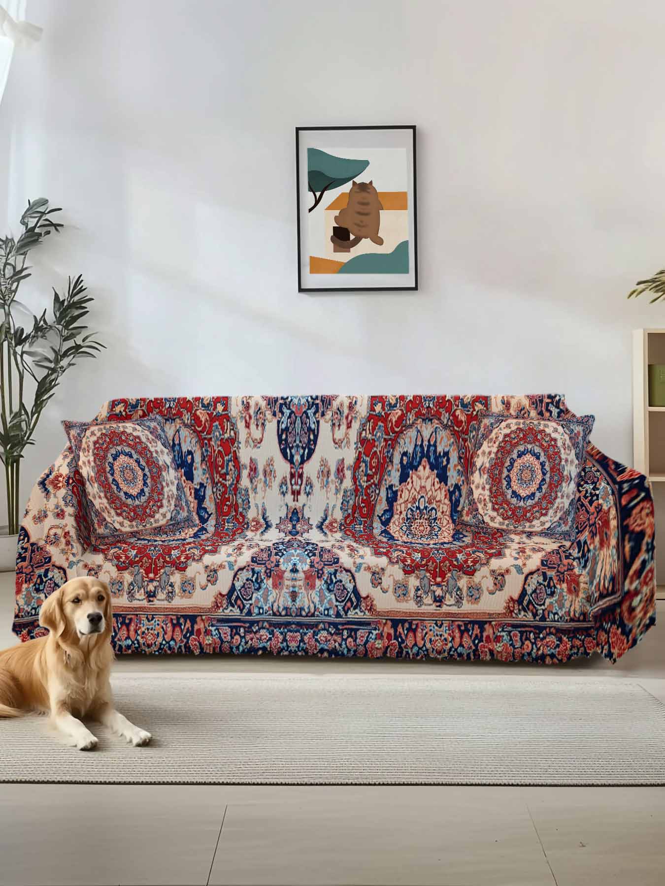 Red Navy Blue Boho Couch Cover for 2 Cushion Sofa, Vintage Ethnic ...