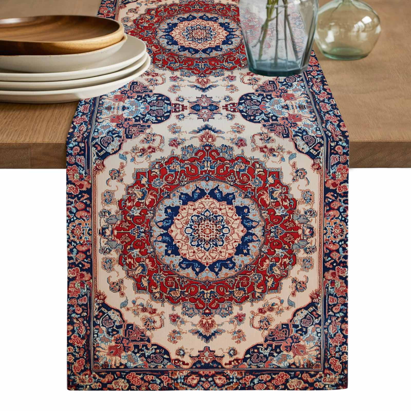 Red Navy Blue Boho Table Runner, Vintage Ethnic Geometric Washable ...