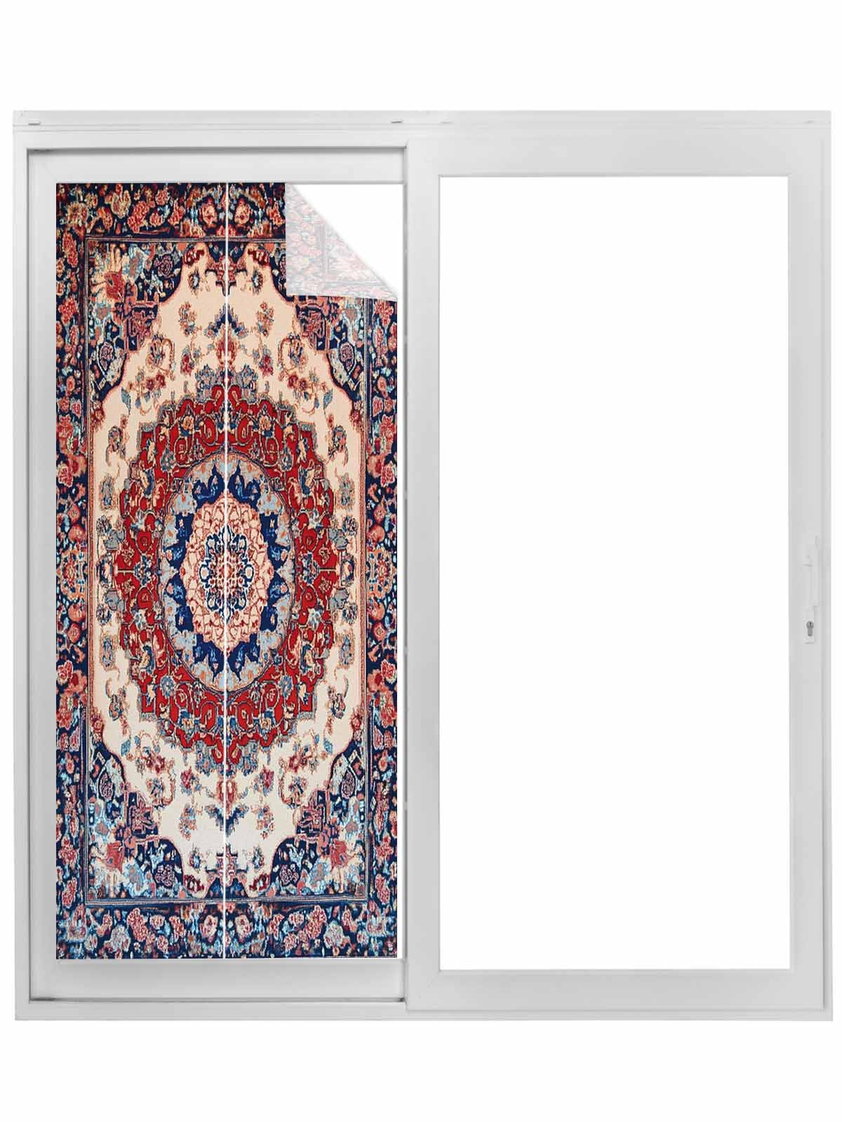 Red Navy Blue Boho Window Privacy Film, Vintage Ethnic Geometric Static ...