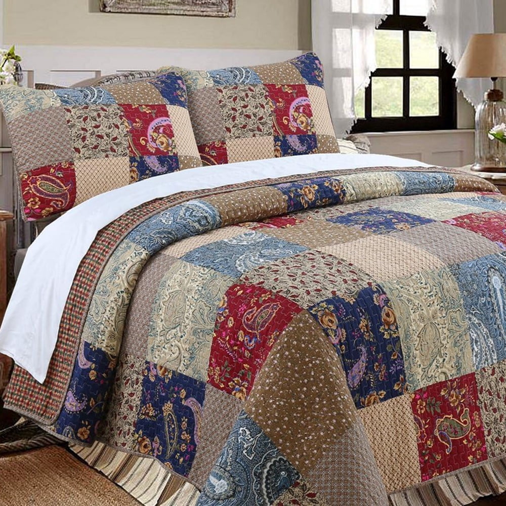 Red Navy Blue Brown Floral Print Real Patchwork Comforter Set, Cotton ...