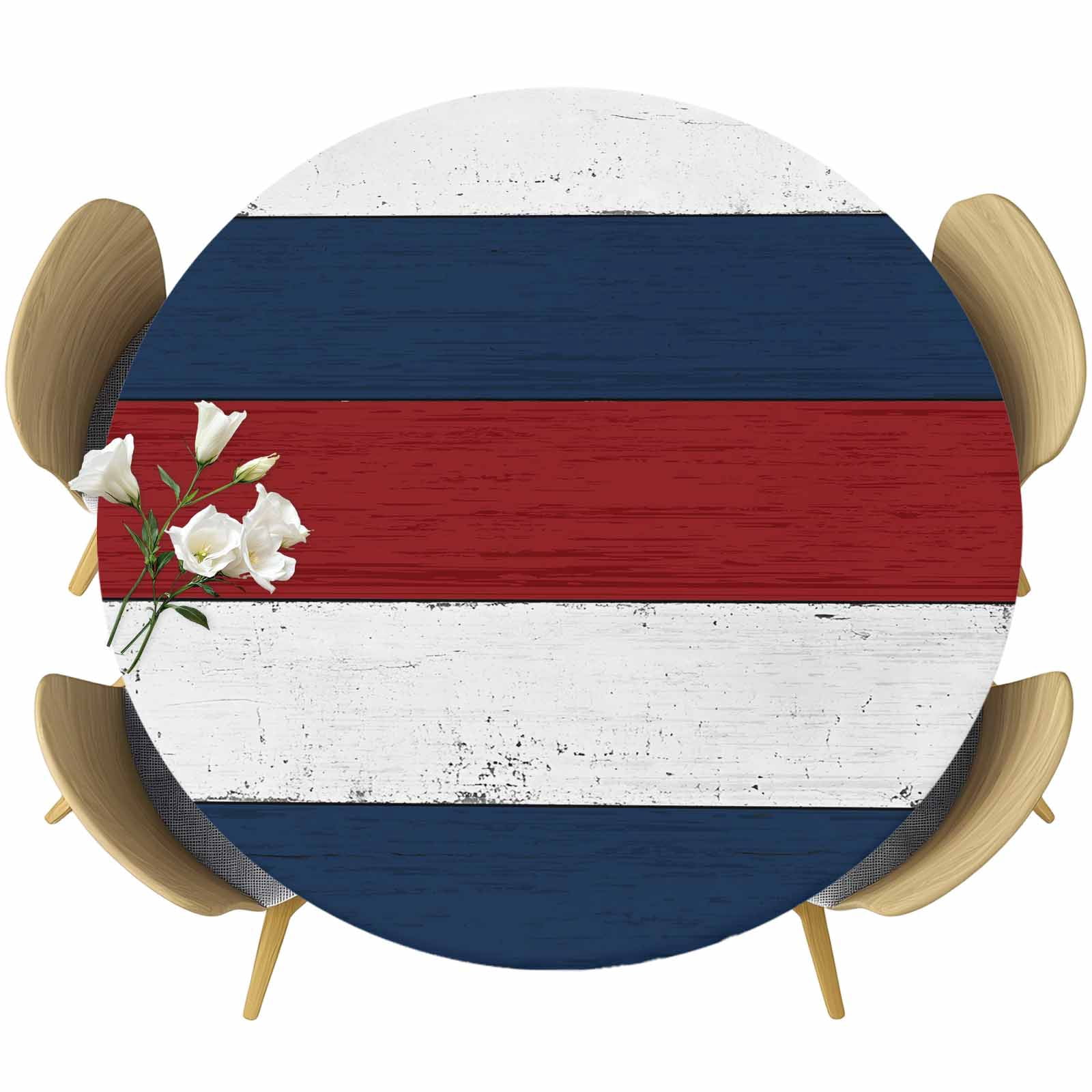 Red Navy Blue Stripe Round Tablecloth, Fitted Table Cover with Elastic ...