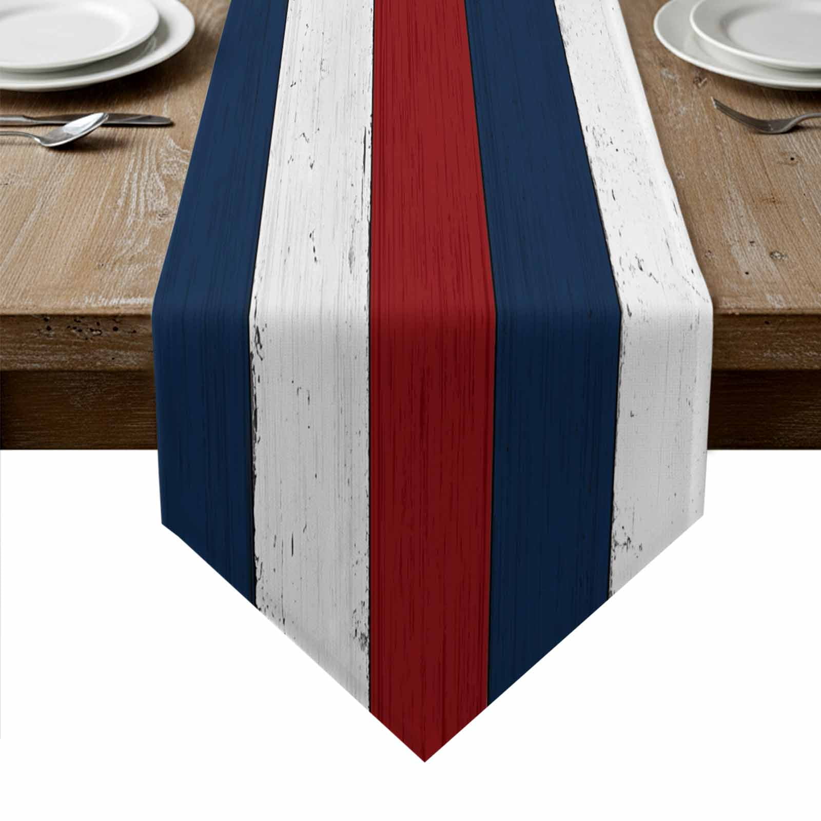 Red Navy Blue Stripe Table Runner Linen Burlap Table Runner 60 Inches ...