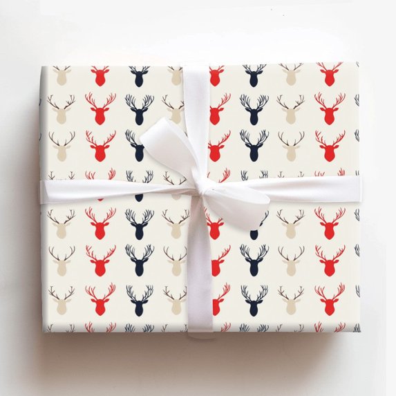 Red, Navy, and Tan Reindeer Head Silhouette Pattern Christmas Gift ...