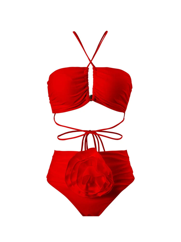 Red Neckline Bikinis Sets Sexy Lace Up Women's Swimwear 2024 Solid ...