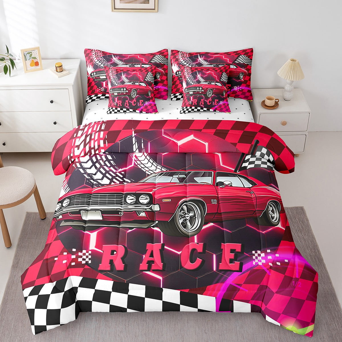 Red Neon Lights Honeycomb Bed in a Bag Queen Comforter Set 7 Piece Cool ...