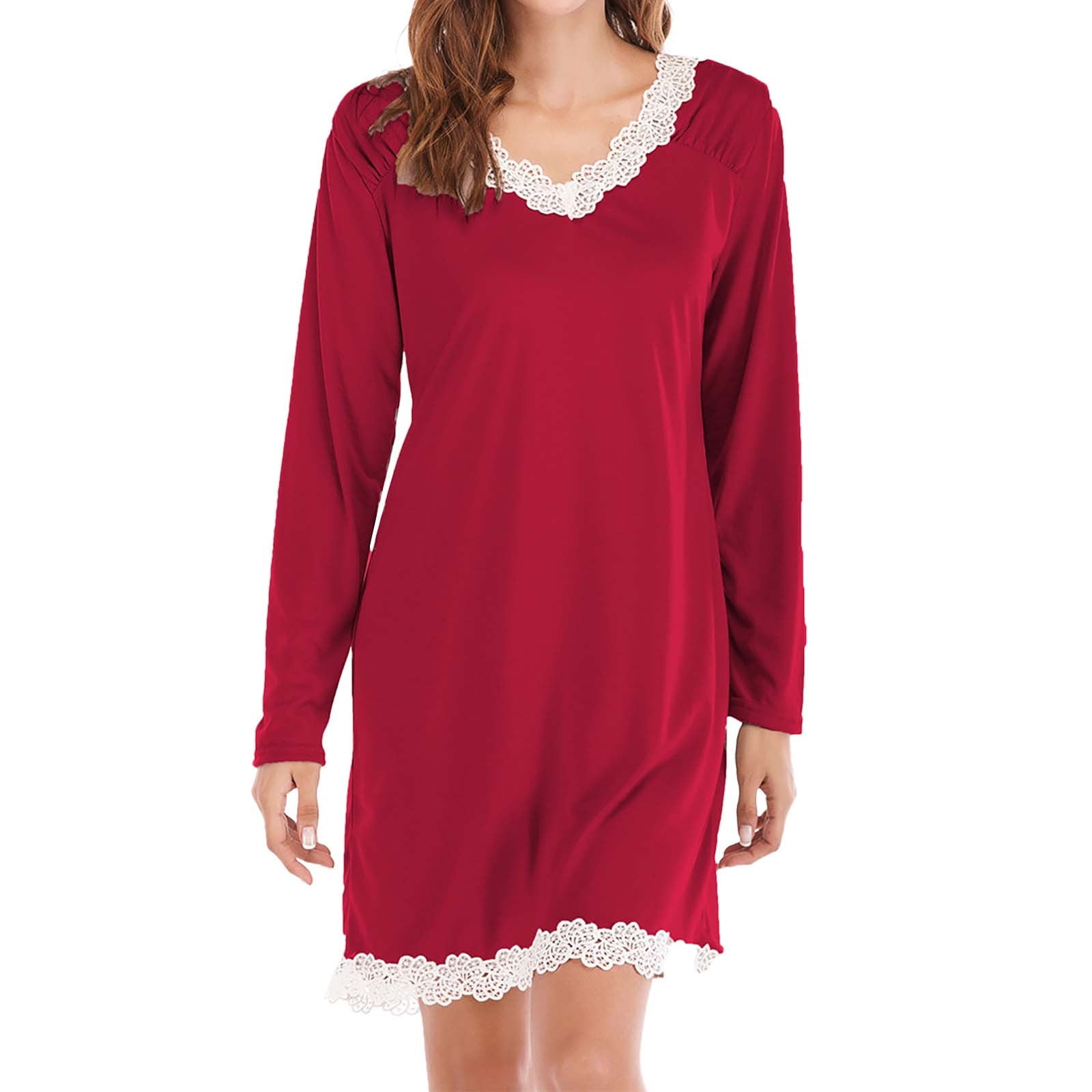 Red Nightgowns Womens Long Sleeve Nightgowns V Neck Sleepshirts Lace ...
