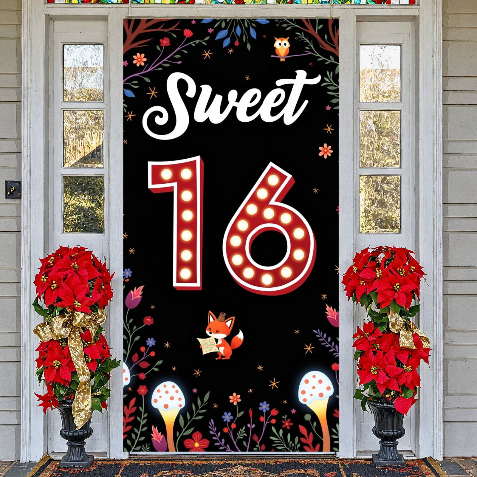 Red Numbers Sweet 16 Banner Woodland Animal 16th Birthday Display ...