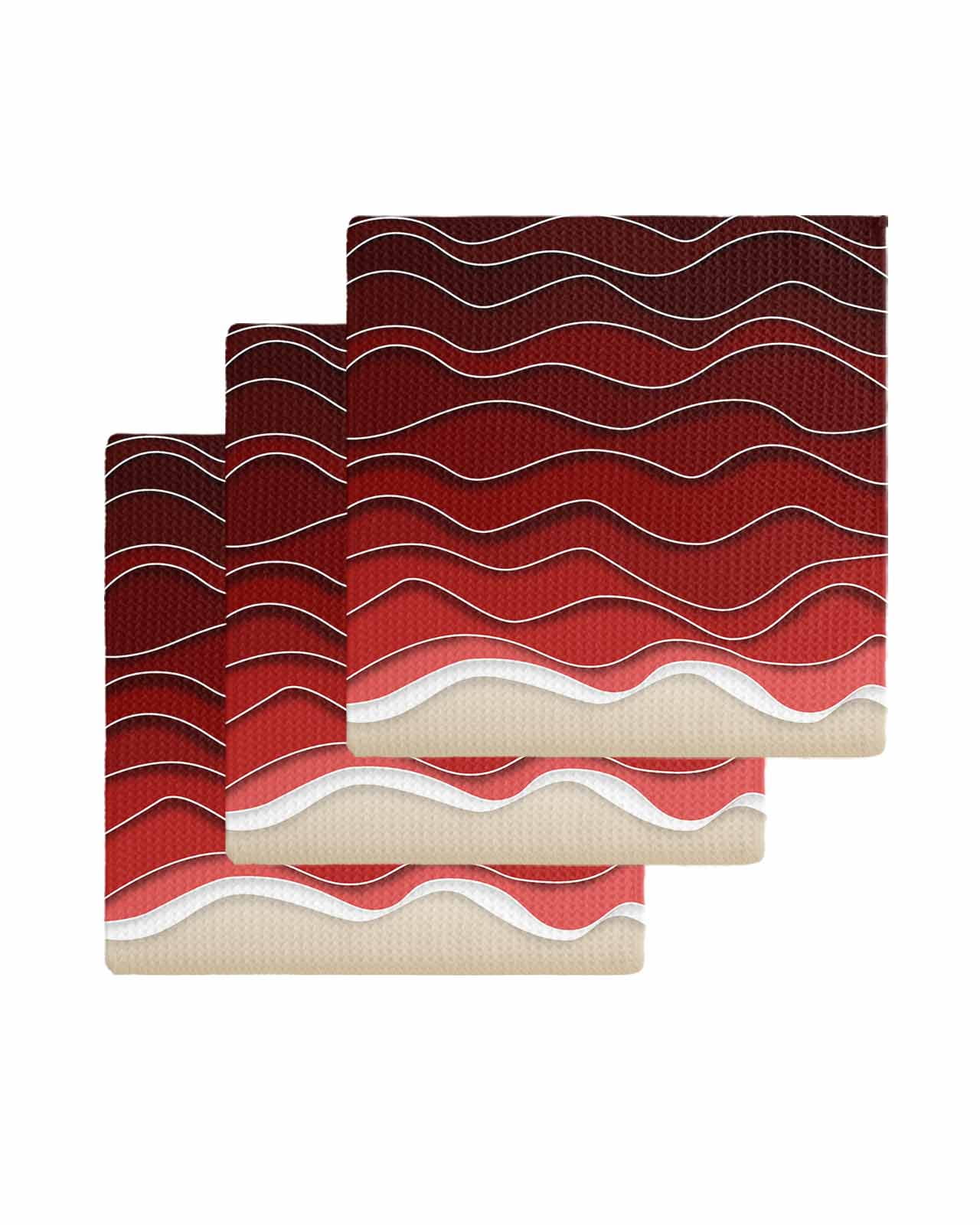 Red Ocean Waves Kitchen Dish Towels for Drying Dishes Set of 3, Coastal Abstract Stripes Ombre ...