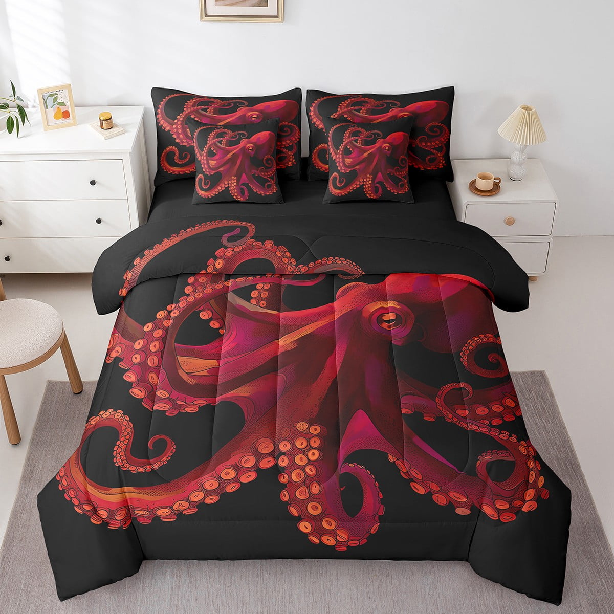 Red Octopus Full Comforter Set - 7 Pieces Reversible Comforters Full ...