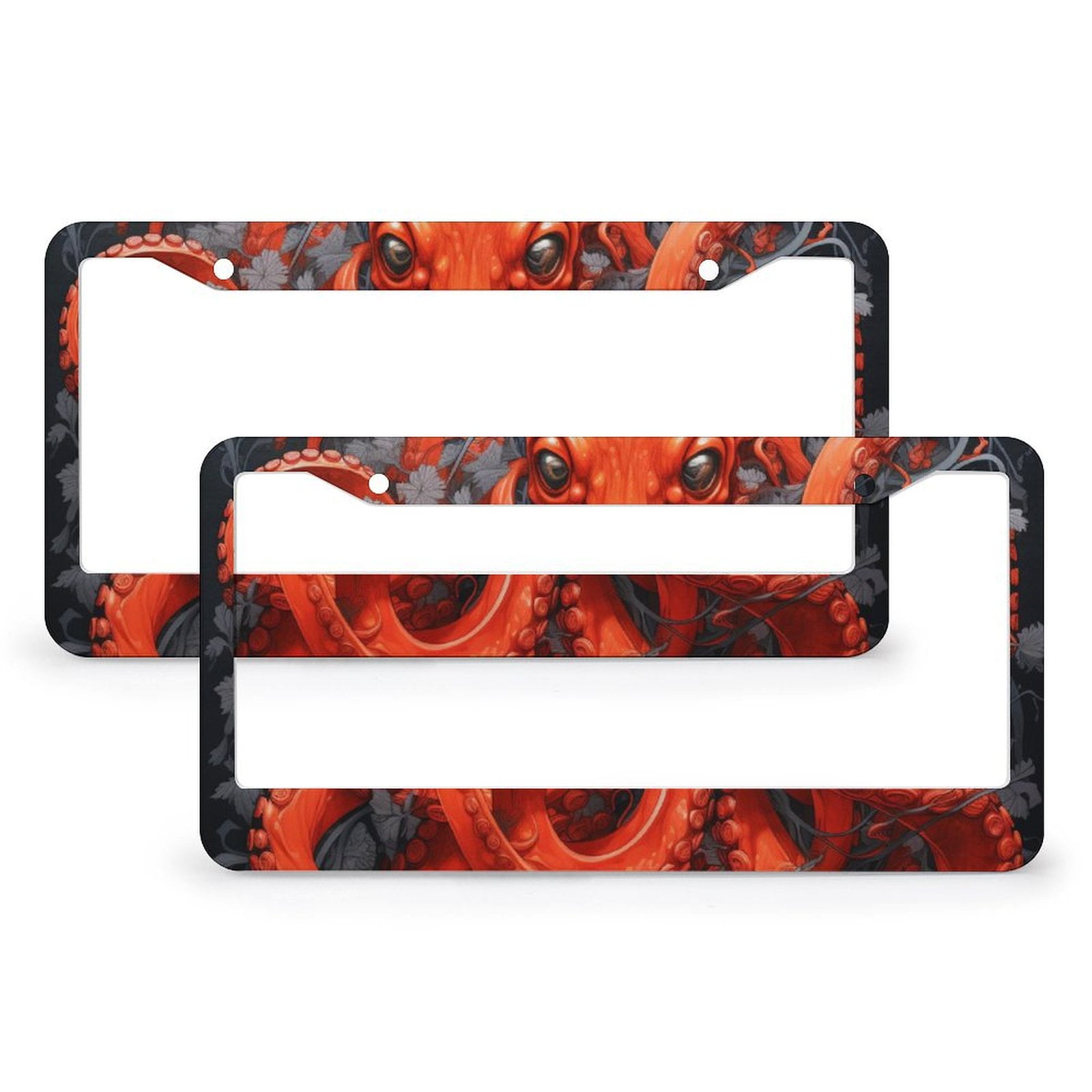Red Octopus License Plate Cover 2 PCS Ink Painting Marine Octopus Squid ...