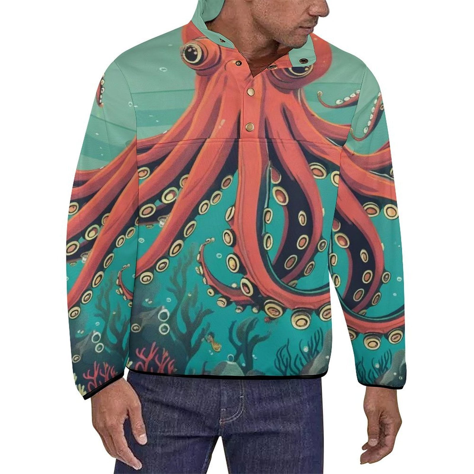 Red Octopus Men's Stand Collar Sweater Long Sleeve Clothing Loose Fit ...