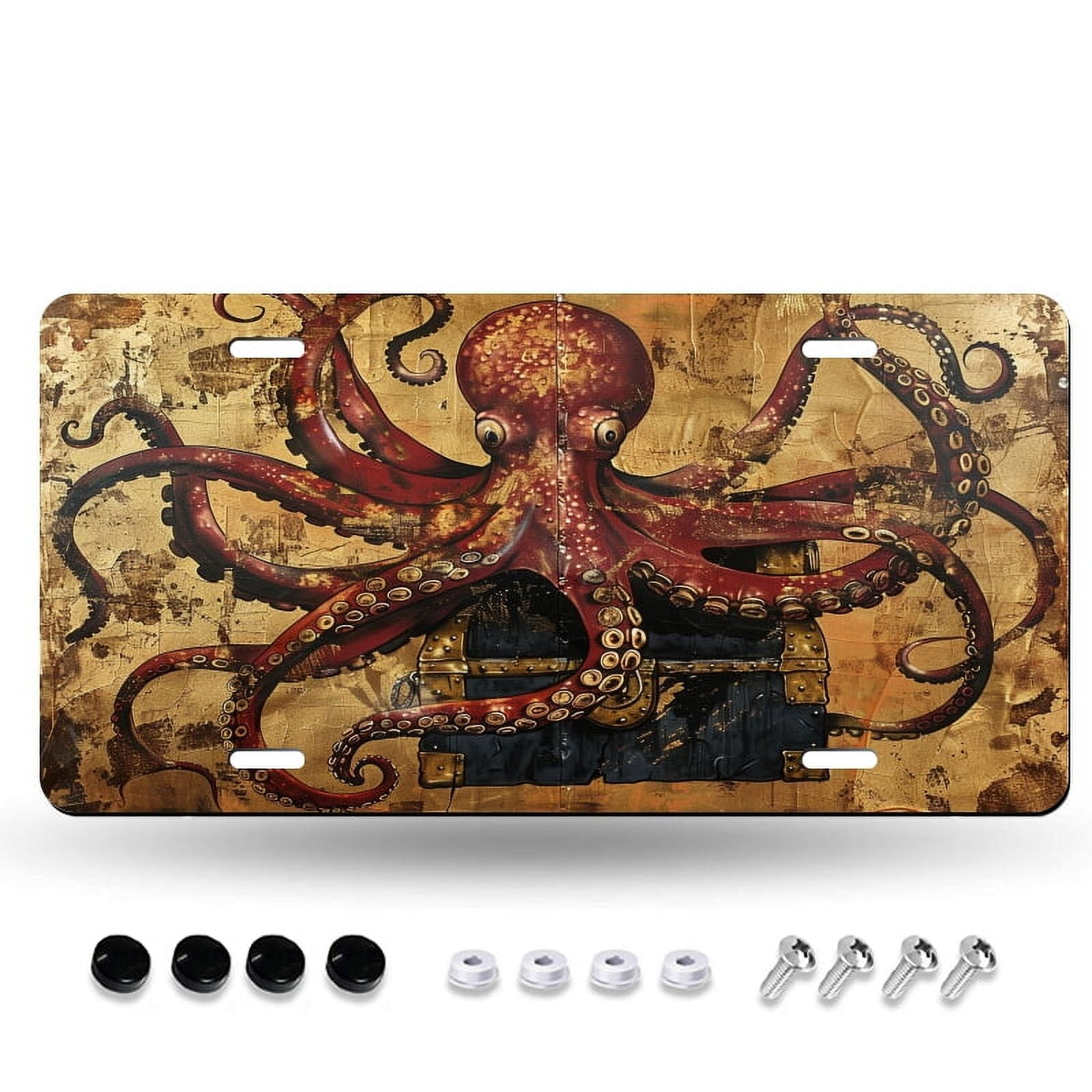 Red Octopus with Tentacles on Open Treasure Chest License Plate Frame ...