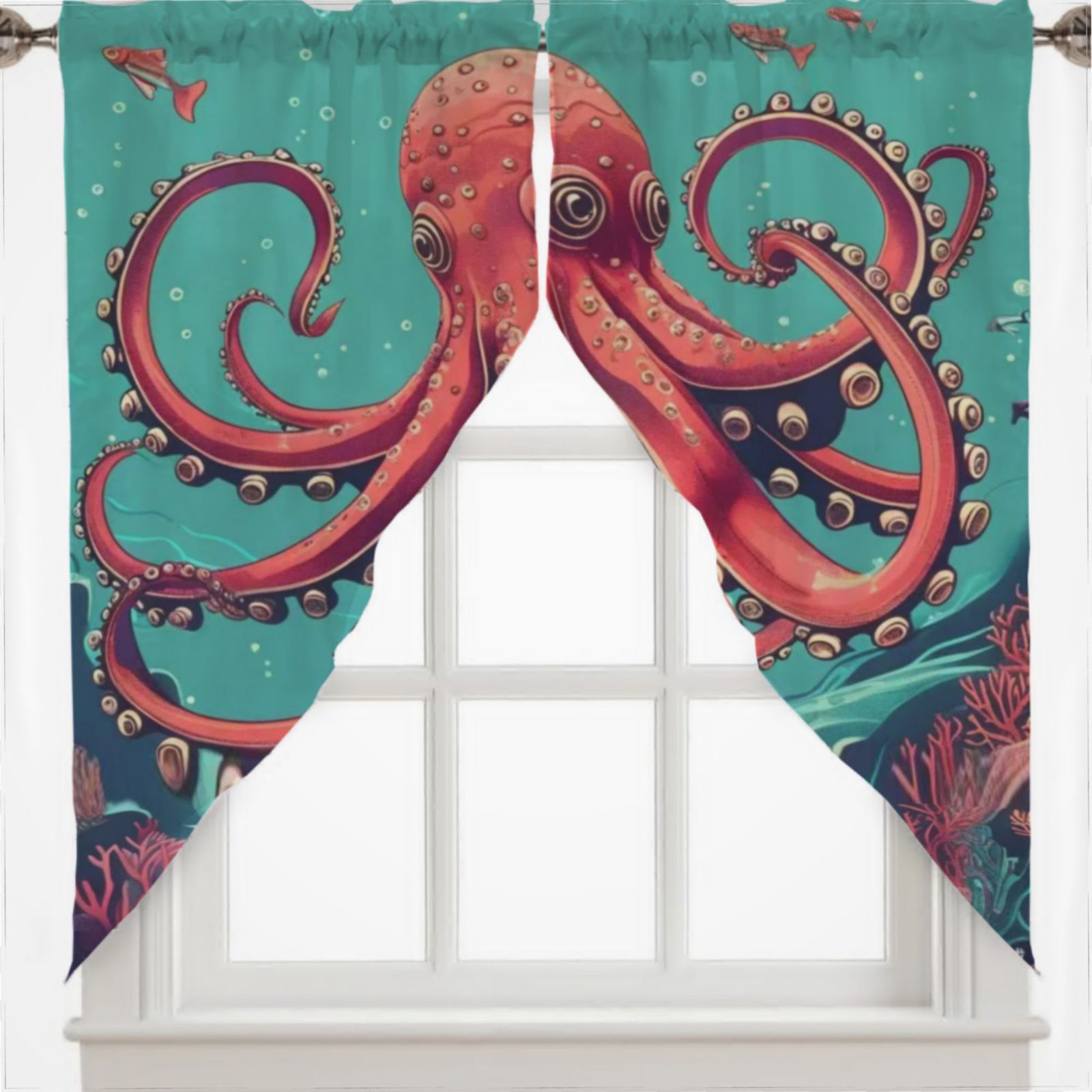 Red Octopus Underwater Swag Valances For Windows 2 Pack For Kitchen ...