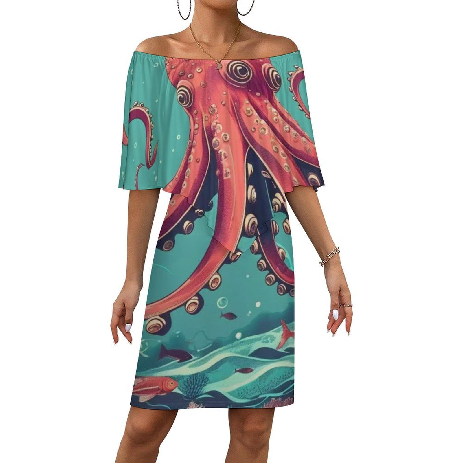 Red Octopus Underwater Women's Off The Shoulder Ruffles Summer Wedding ...