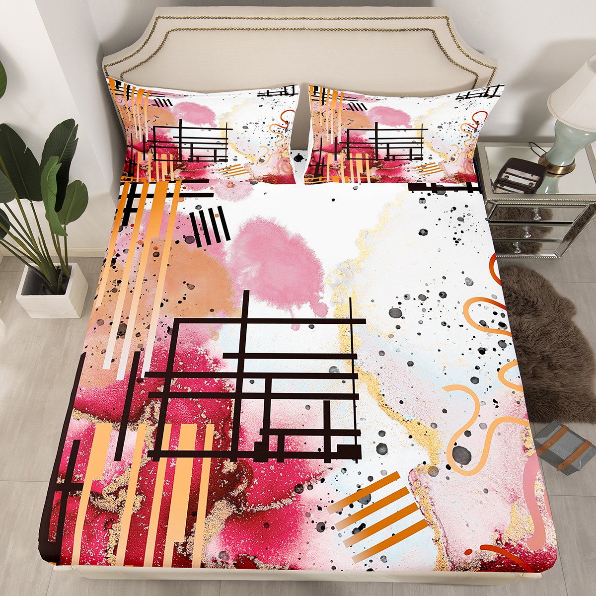 Red Ombre Bed Sheets Queen Size Geometry Stripes Fitted Sheet Red ...