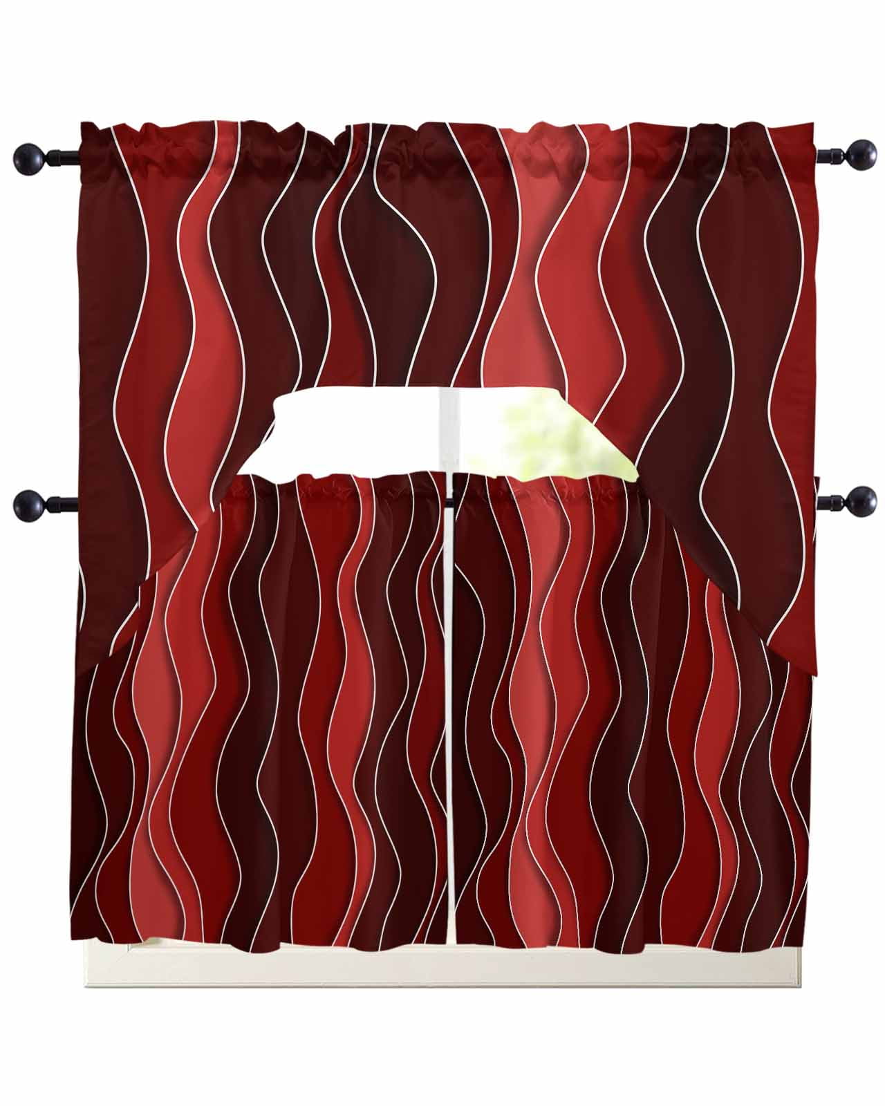 Red Ombre Kitchen Curtains Swag Valance and Tier Curtains Set 36 Inch Length, Abstract Art Moire ...